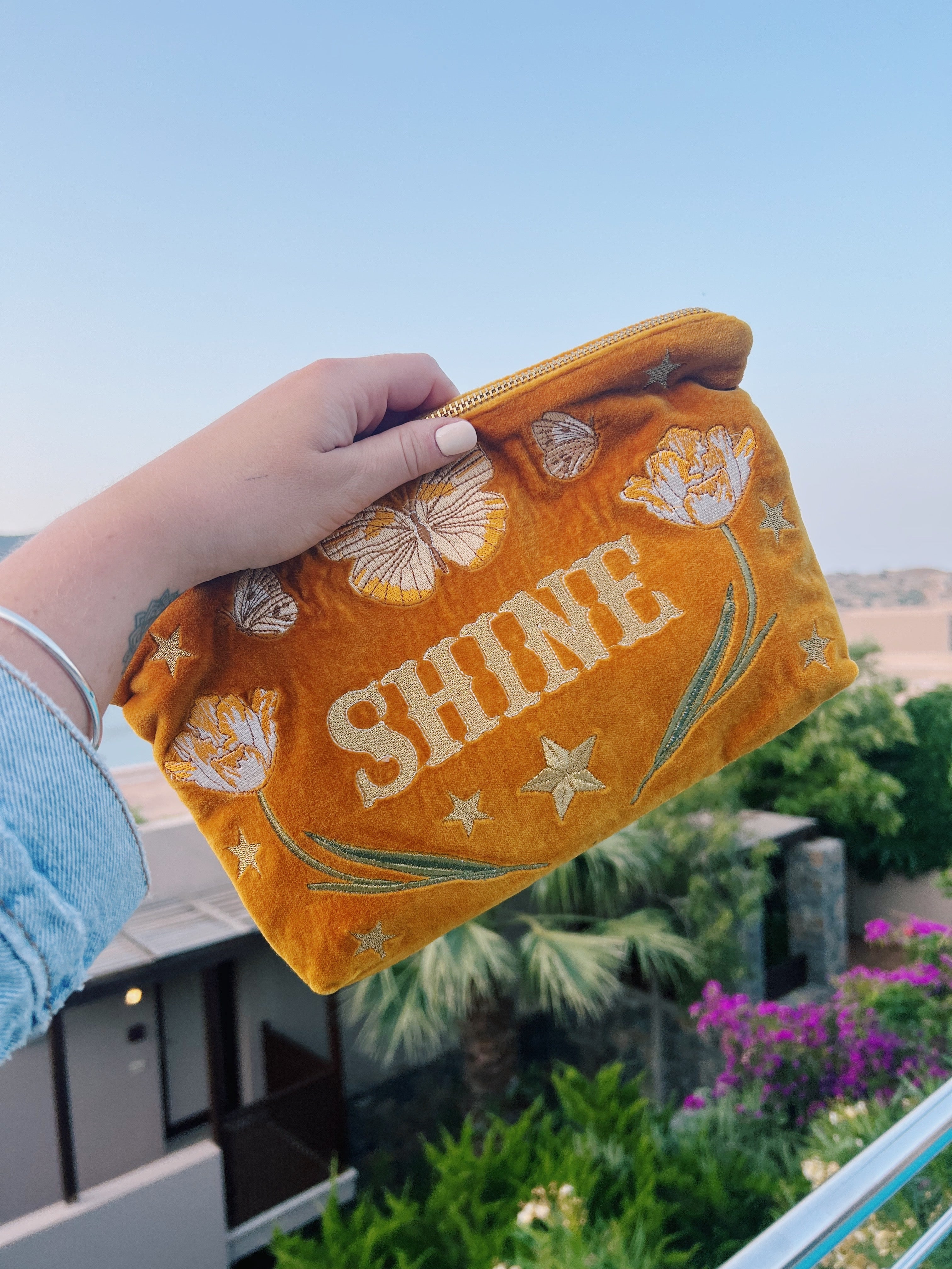 'Shine' Golden Tulips Embroidered Velvet Pouch – Denim And Bone